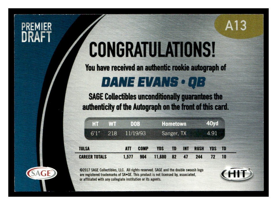 Dane Evans 2017 SAGE HIT A13 AU Autographs Red Auto | eBay