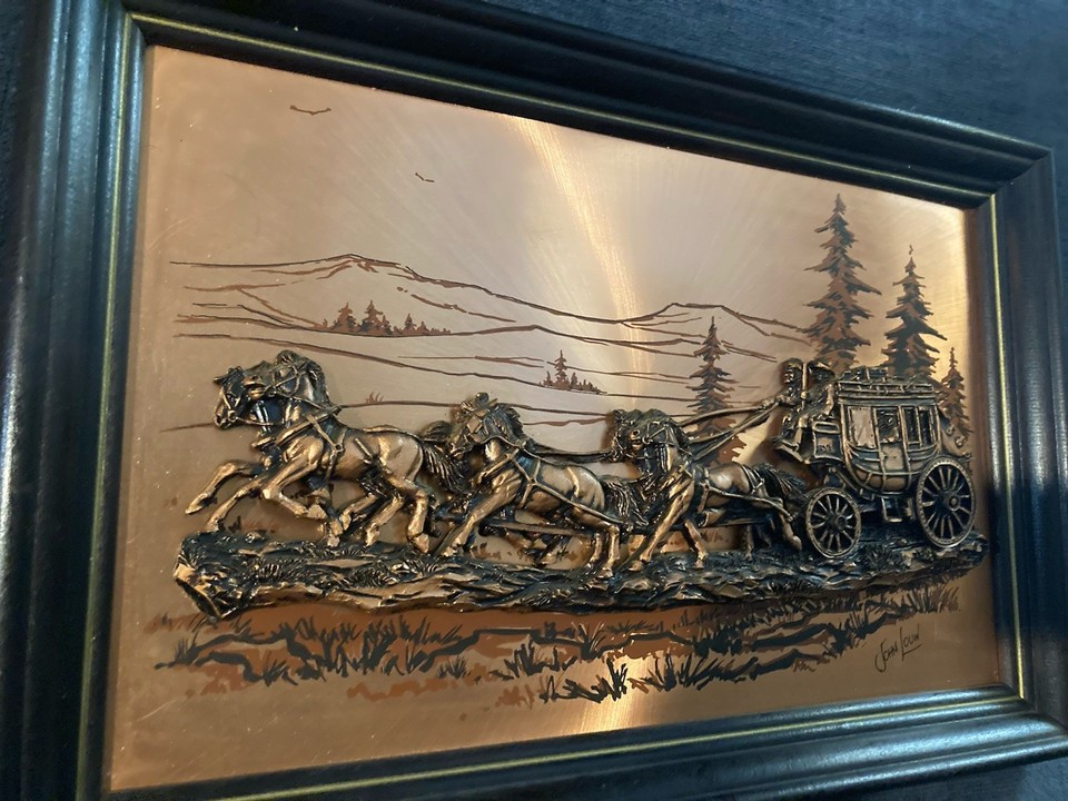 Rare JOHN LOUW 3D Framed COPPER ART Pony Express STAGECOACH US Mail ...