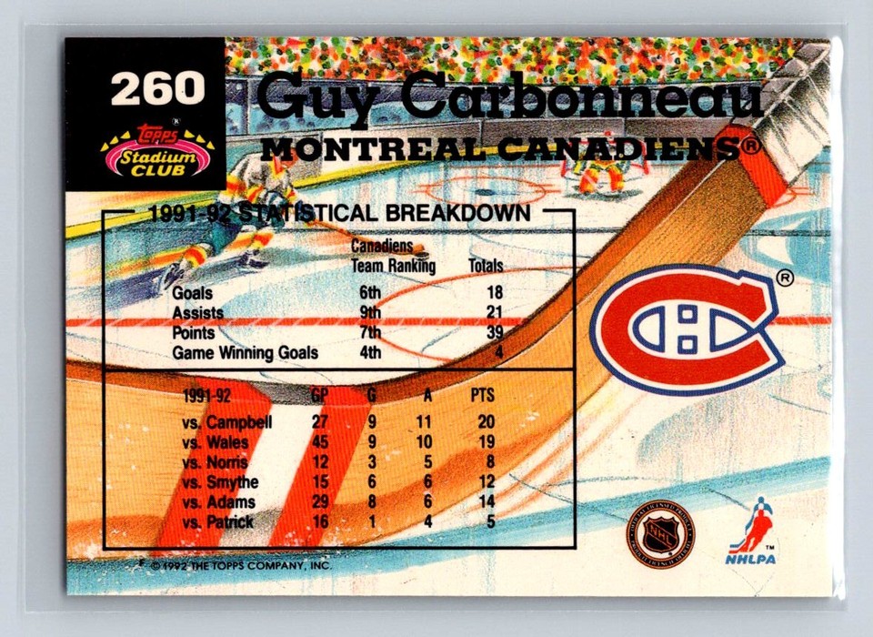 1992 Topps Stadium Club Members Choice Guy Carbonneau #260 Montreal ...