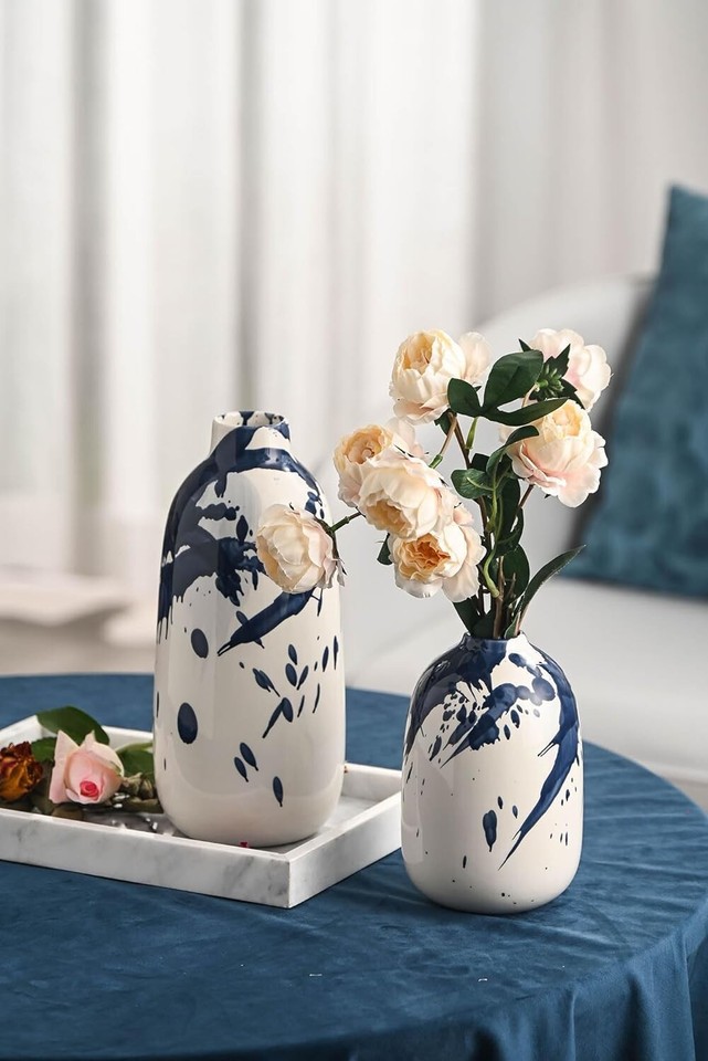 Vase Base Flower Set of 2 Ceramic 2pcs Navy Blue; Large Blue; White ...