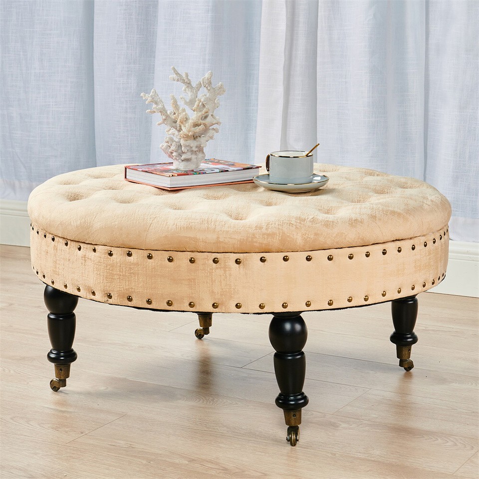 Large Upholstered Tufted Button Velvet Round Ottoman Coffee Table ...