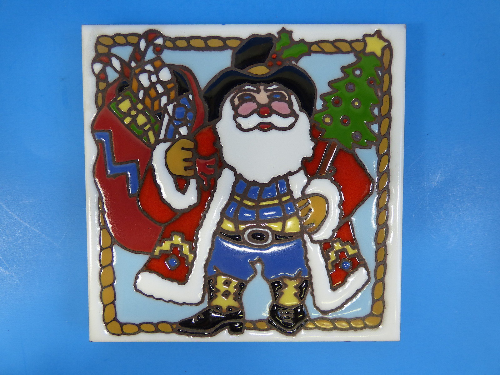 Ceramic Art Tile 6"x6" Western Santa Saint Nick Christmas w/ display ...