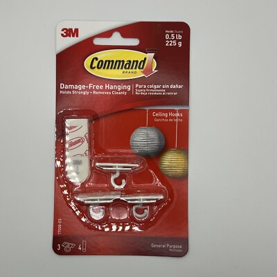 Command Ceiling Hooks Damage Free Hanging 3 Plastic Hooks 4 Foam Strips ...