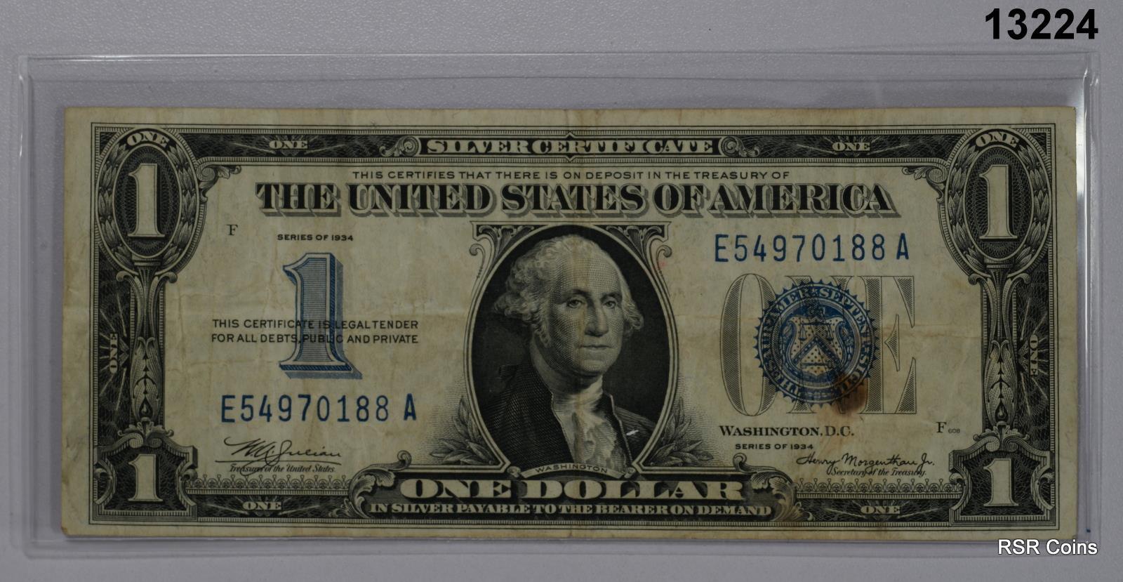 1934 $1 SILVER CERTIFICATE BLUE SEAL FUNNY BACK NOTE STAIN FAIRLY CRISP ...