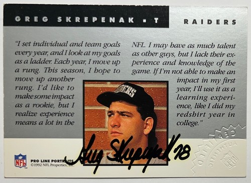 1992 Pro Line Portraits Autograph Embossed Greg Skrepenak Auto Raiders ...