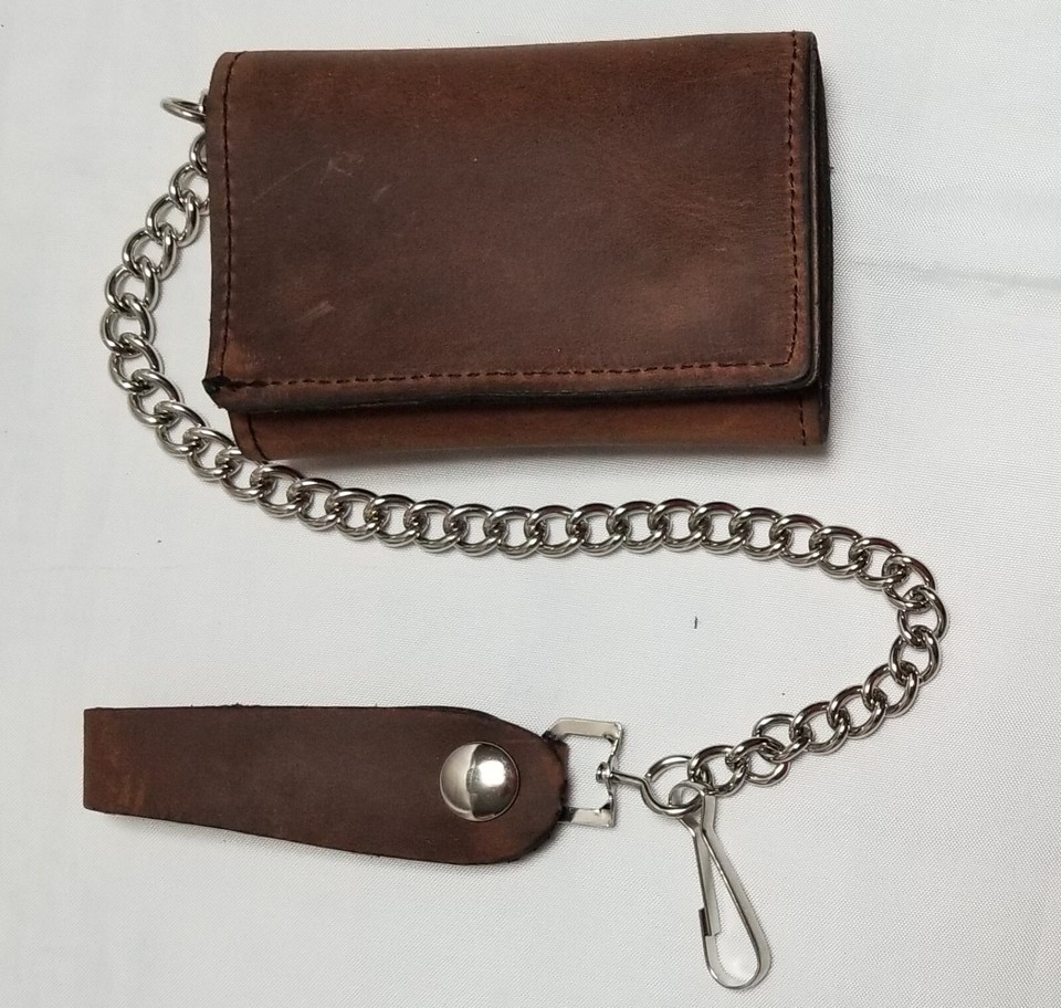 Brown Leather Trucker Wallet 4.25" x 3" Trifold With 12" Chain MADE IN ...