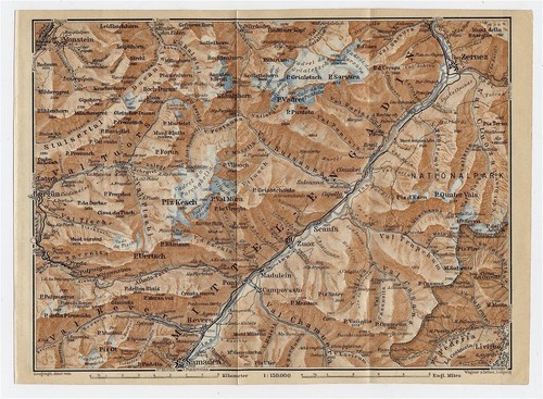 1930 ORIGINAL VINTAGE MAP OF VICINITY OF SAMEDAN ZERNEZ ENGADIN ...