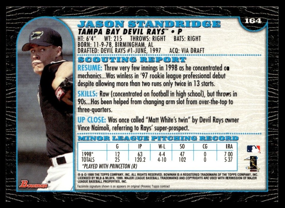 1999 Bowman Jason Standridge Rookie Tampa Bay Devil Rays #164 | eBay