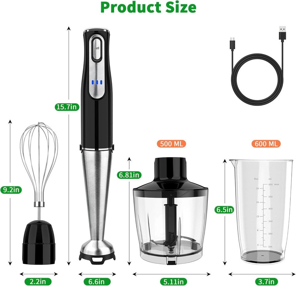 Rechargeable 4 In 1 Electric Hand Blender Stick Blender Variable Speed ...
