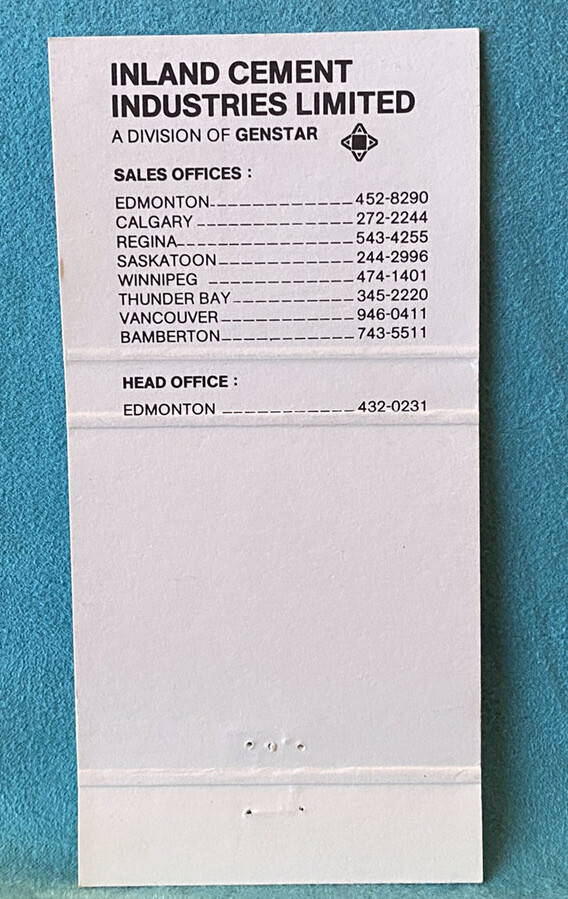 Matchbook Cover Inland Cement Industries Limited Calgary Vancouver ...