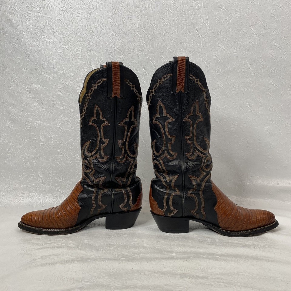 Larry Mahan Womens Sz 4.5 B Black Brown Lizard Western Cowboy Boots ...