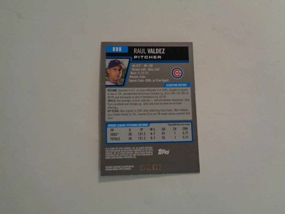 2006 Topps Bowman Blue Raul Valdez Card #B90 Serial #294/500 | eBay