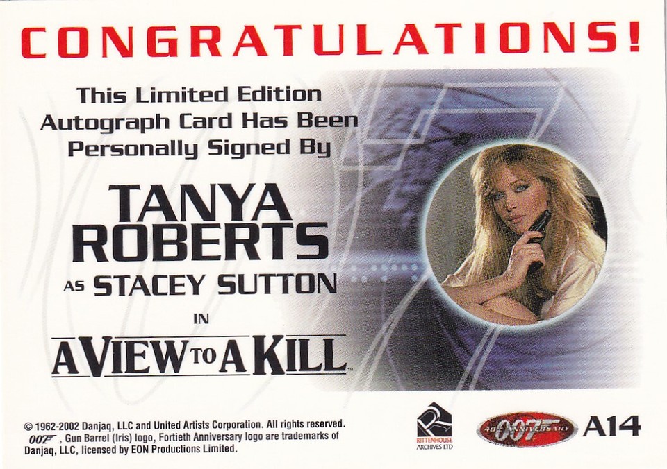James Bond Autograph Card A14 Tanya Roberts as Stacy Sutton | eBay