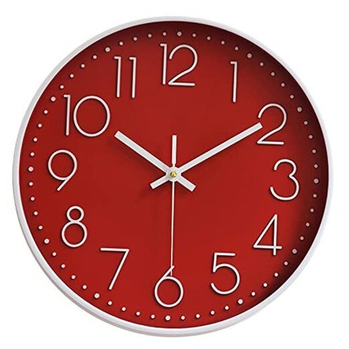 Wall Clocks Battery Operated Non-Ticking Red Clock 12 Inch Kitchen Wall ...