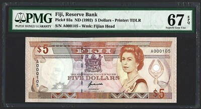FIJI $5 Dollars 1992, P-93a Serial Number A000104, PMG 67 EPQ Superb ...