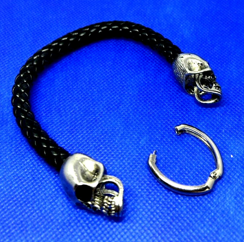 Men's Fashion Snake Charm Stainless Steel Black Leather Braid Bracelet ...
