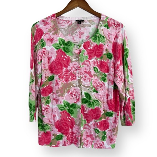 Talbots Floral Rose Cardigan Sweater Womens X 0X Pink Green 3/4 Sleeve ...
