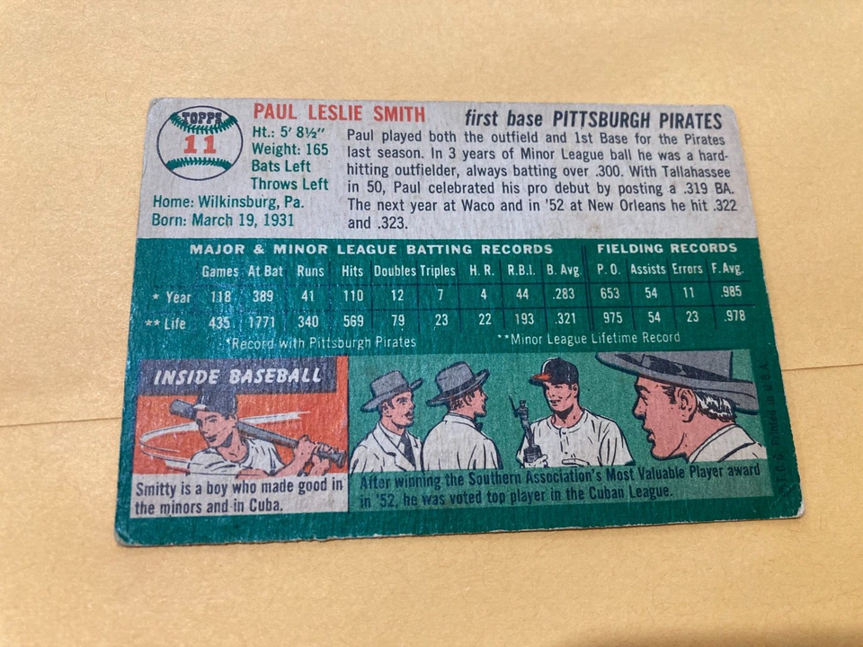 1954 Topps #11 Paul Smith Pittsburgh Pirates Baseball Card | eBay
