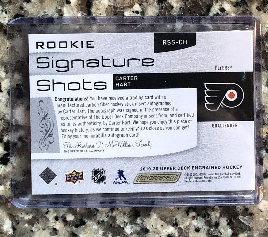 🔥19-20 UD Engrained Carter Hart Update Rookie Signature Shot Flyers /25 ...
