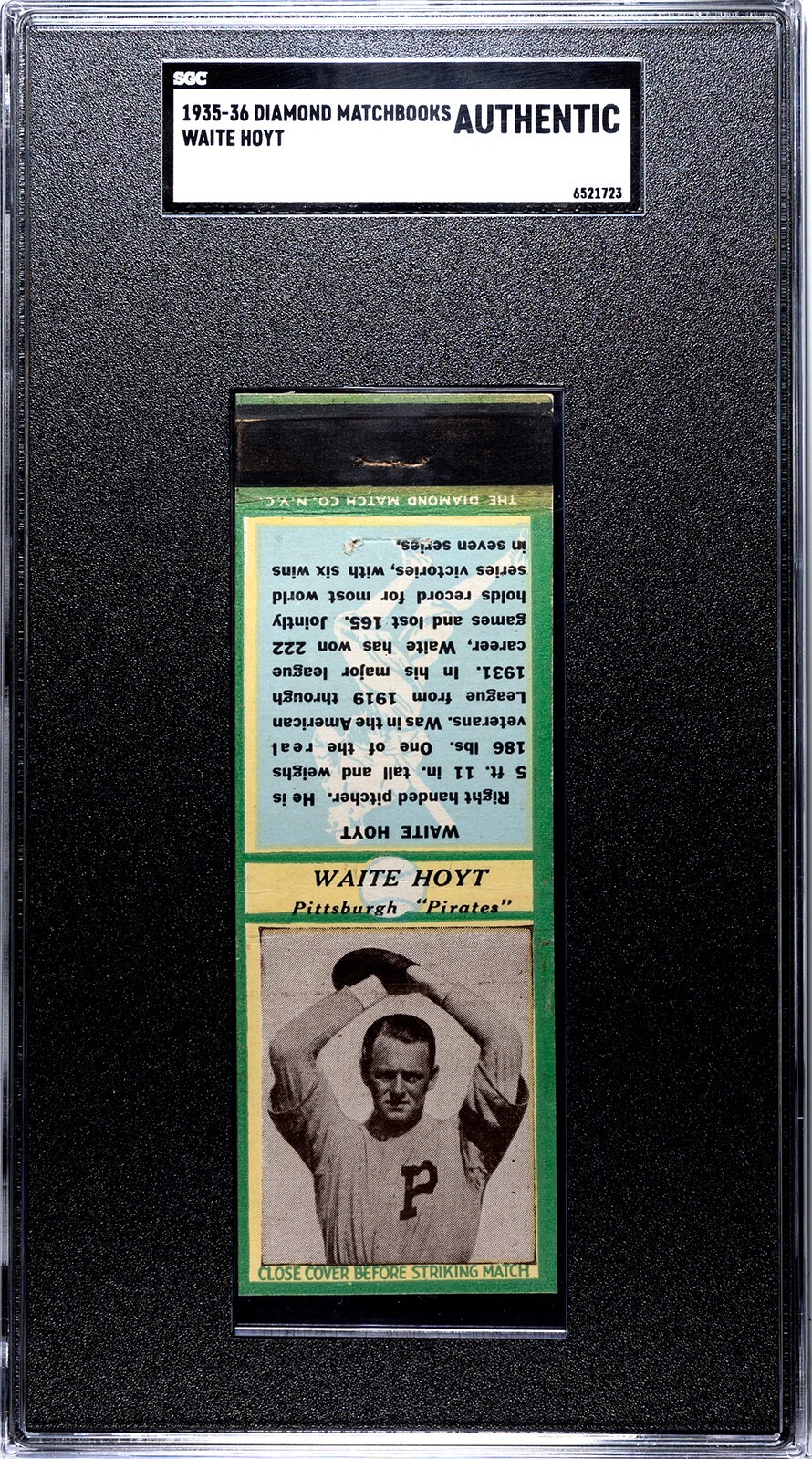 1935-36 Diamond Matchbooks WAITE HOYT Pittsburgh Pirates SGC AUTHENTIC ...