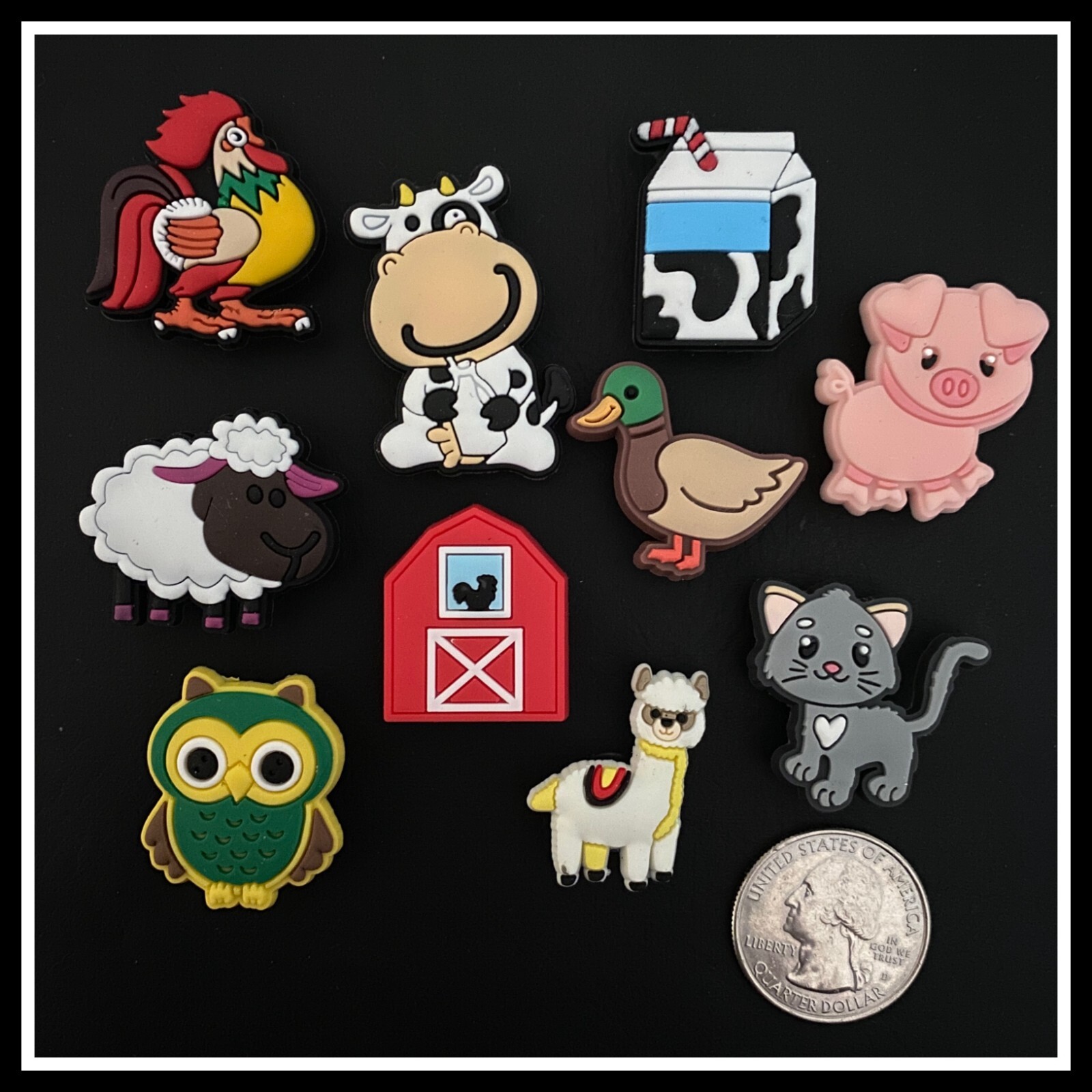 SET of 10 Shoe Charms for Crocs FARM ANIMALS Sheep Rooster Cow Pig Duck ...