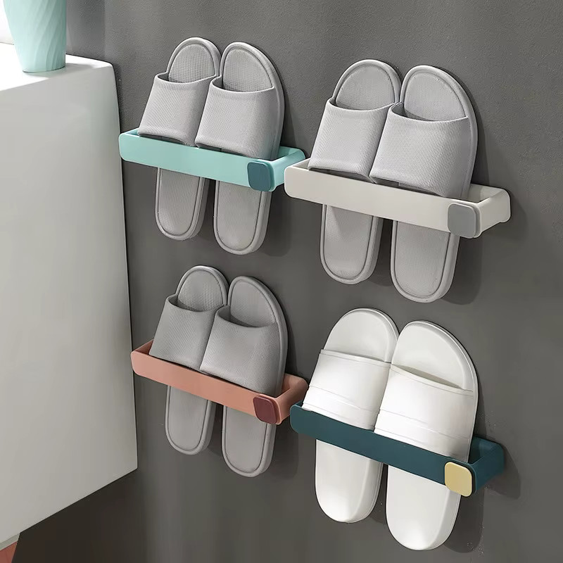 Bathroom Slipper Shelf No Punching Wall Mounted One Piece Shoe Rack ...