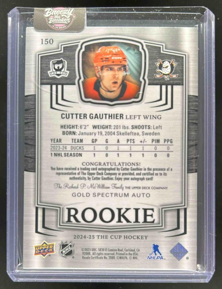 2024-25 The Cup Cutter Gauthier Gold Spectrum Foil Rookie Patch Auto ...