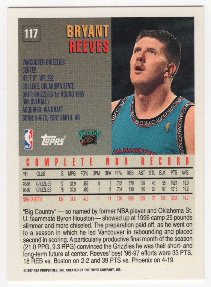1997-98 Topps Bryant Reeves Vancouver Grizzlies #117 | eBay