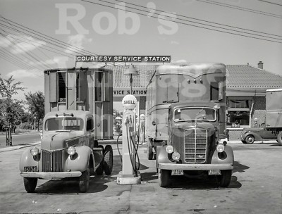 Shell Truck stop Photo Ford Mack Semi Trucks Gas Service Station 1939 ...