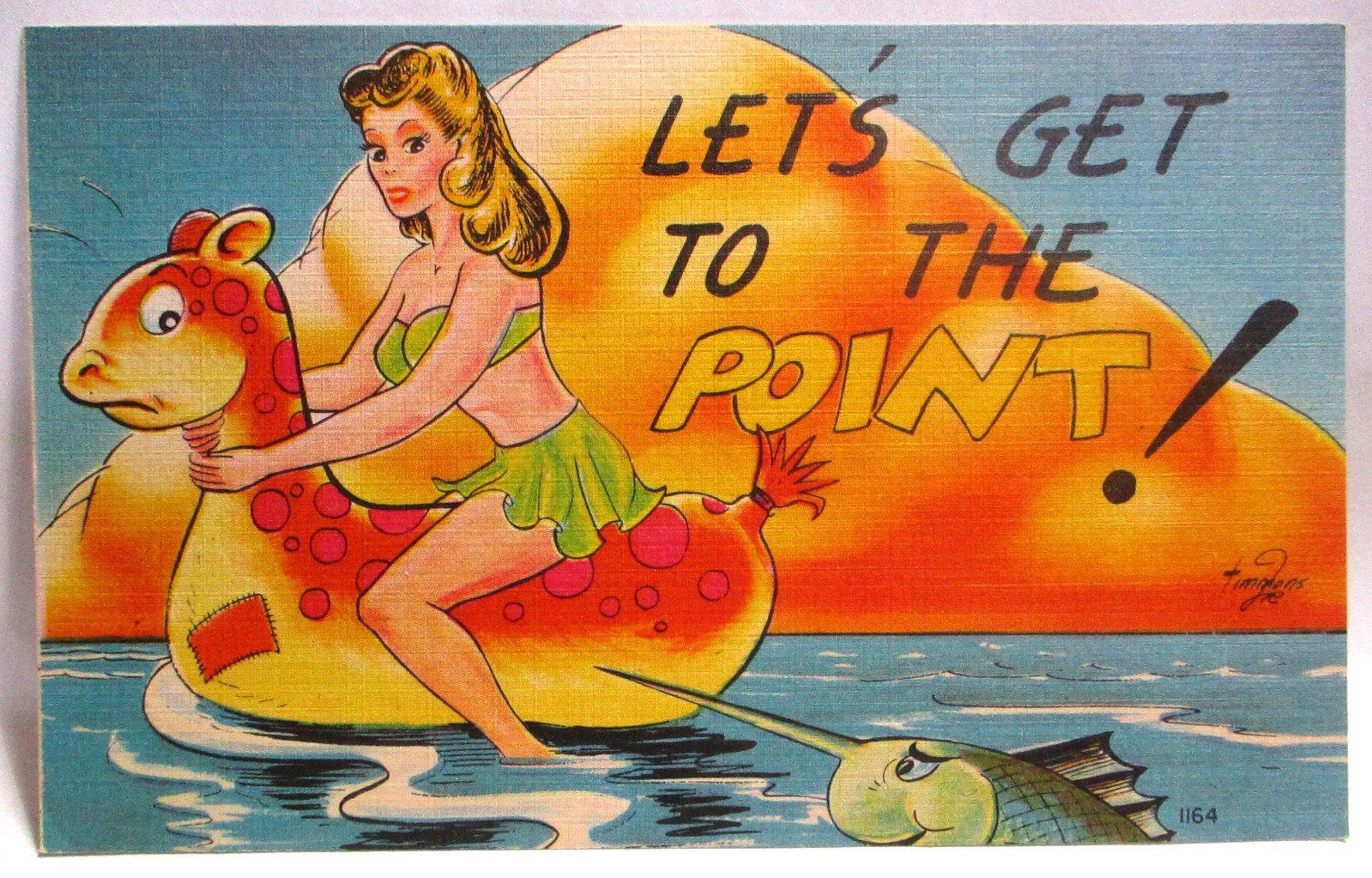 1940s POSTCARD LET'S GET TO THE POINT! SWORD FISH AT GIRL'S FLOATIE | eBay
