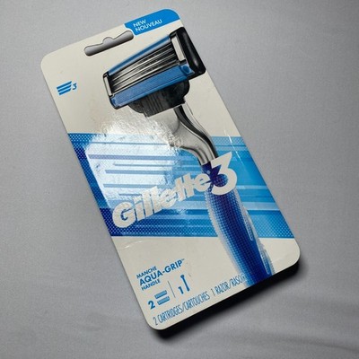 New Gillette 3, Aqua-Grip, 3 Blade, 2 Cartridge Razor Shaving Set Blue ...
