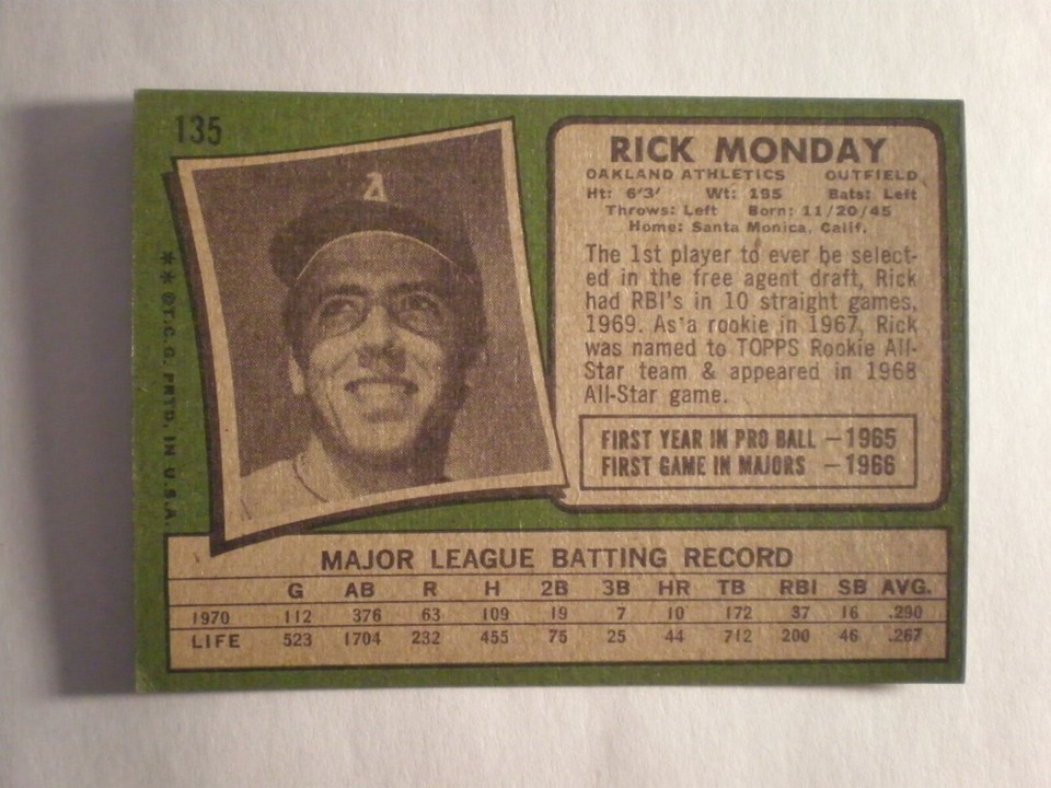 1971 Topps Baseball Athletics Rick Monday Card # 135 | eBay
