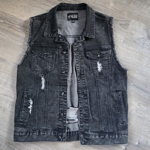 xxx RUDE Black Denim Vest Acid Destroyed Motorcycle Cut Off Sleeves ...