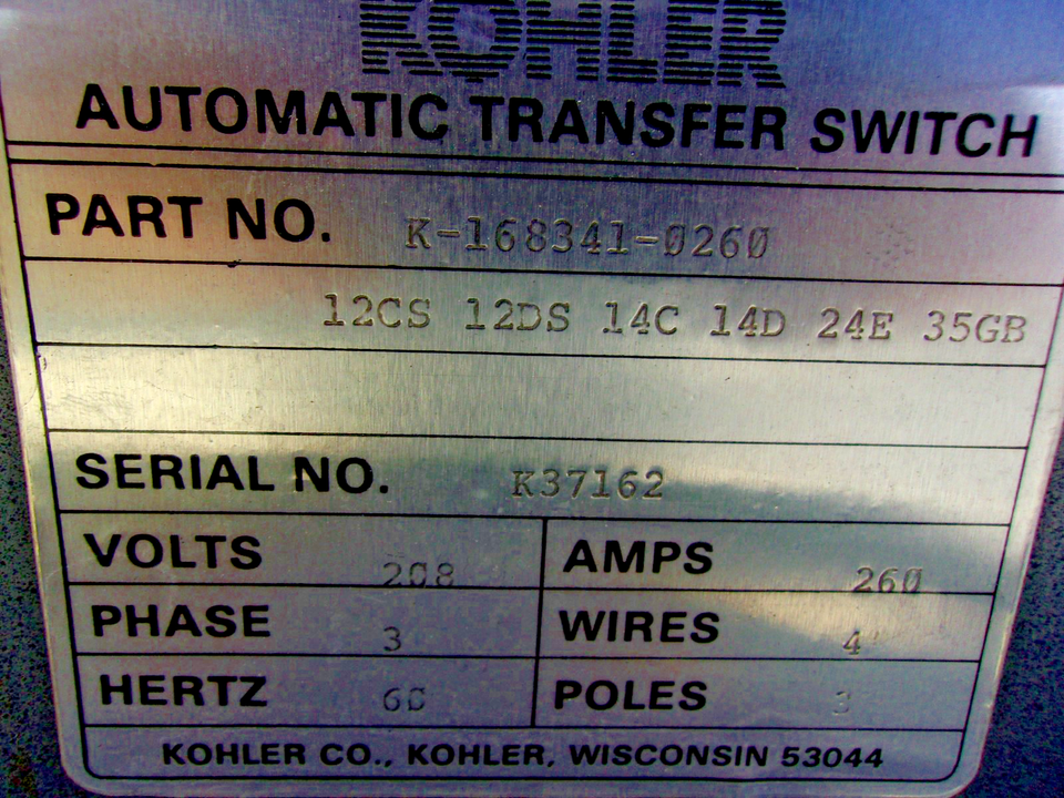 Kohler 3PH 208V 260A Automatic Transfer Switch | eBay