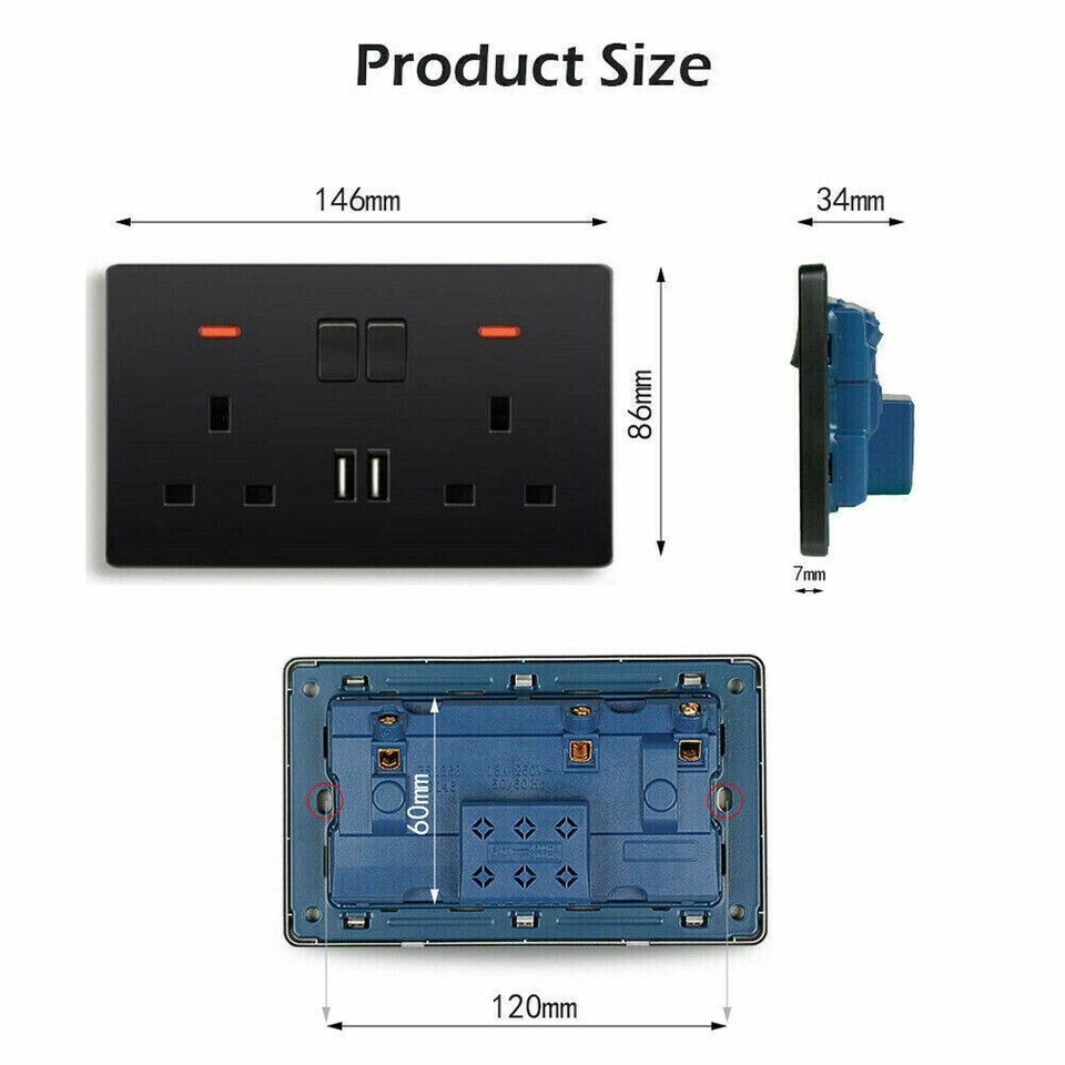 Stylish 2 Gang Double 13A switched Wall Plug Socket with USB Type C ...