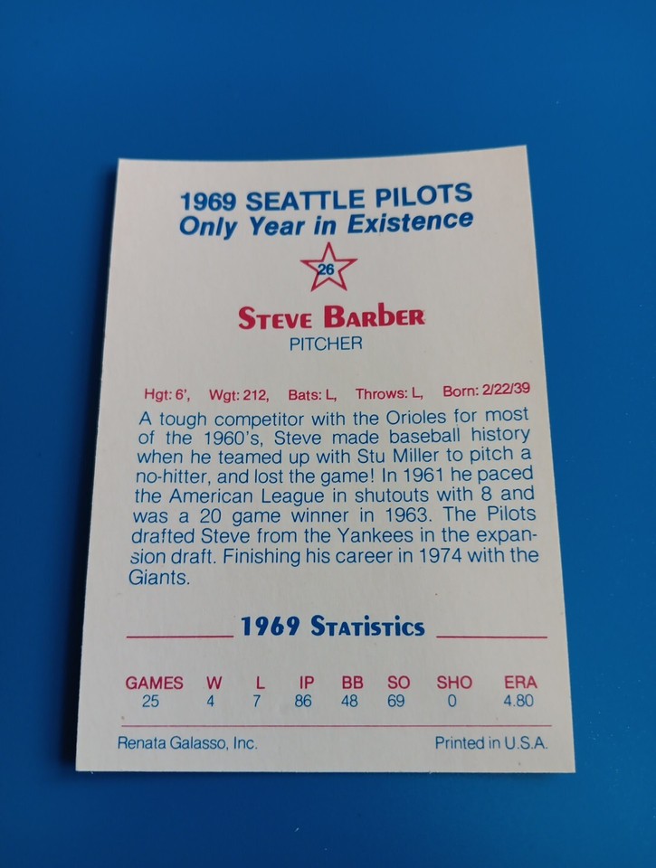 Steve Barber 1983 Renata Galasso 1969 Seattle Pilots Card #26 FREE ...