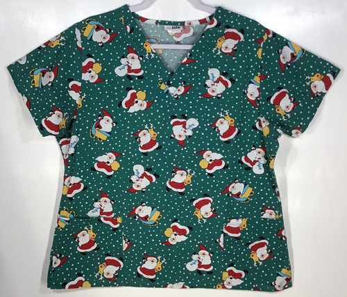 Christmas Scrub Top womens size M Medium Santa Claus Snowman Reindeer ...
