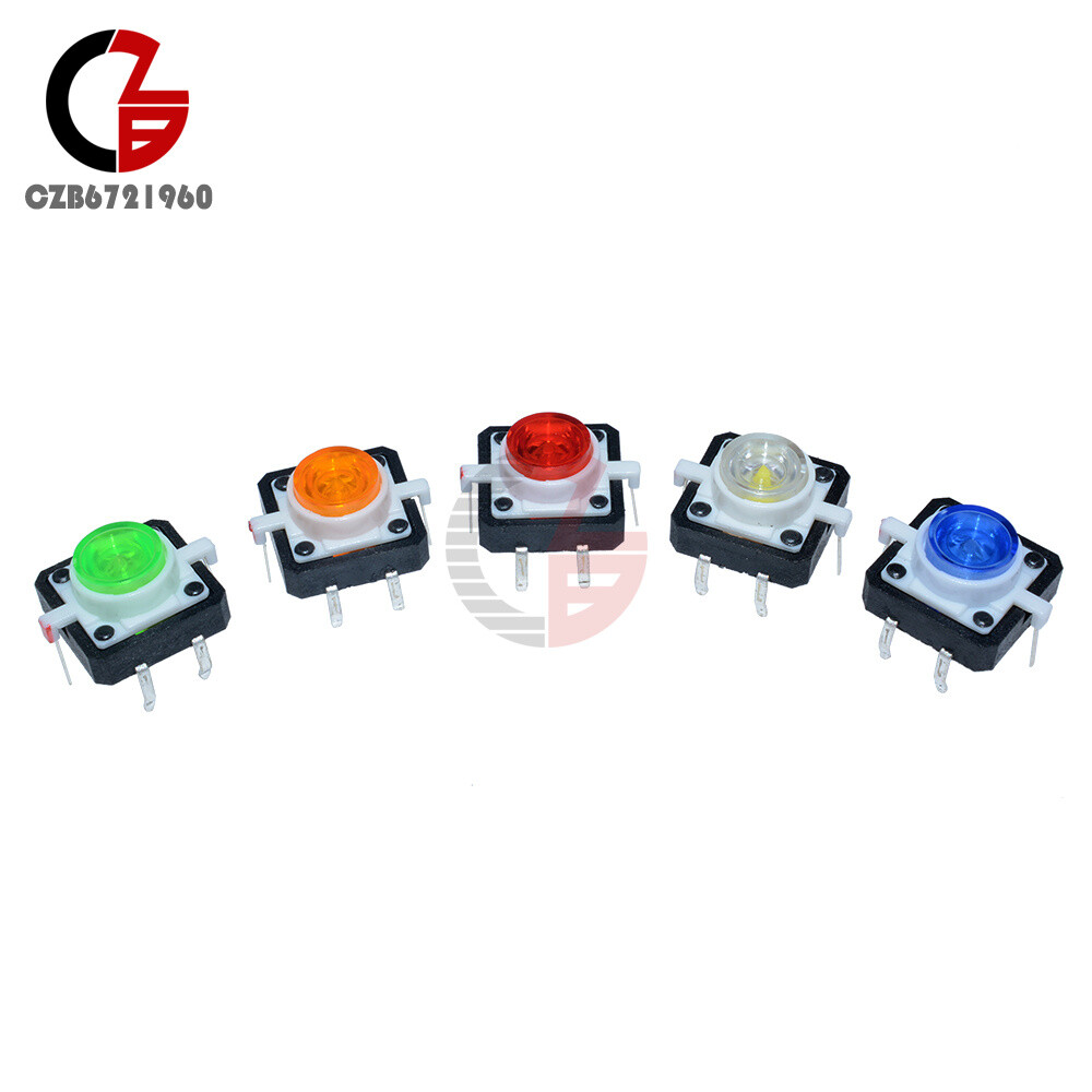 5PCS 5 Color 12X12X7.3mm Tactile Push Button Switch Momentary Tact LED ...