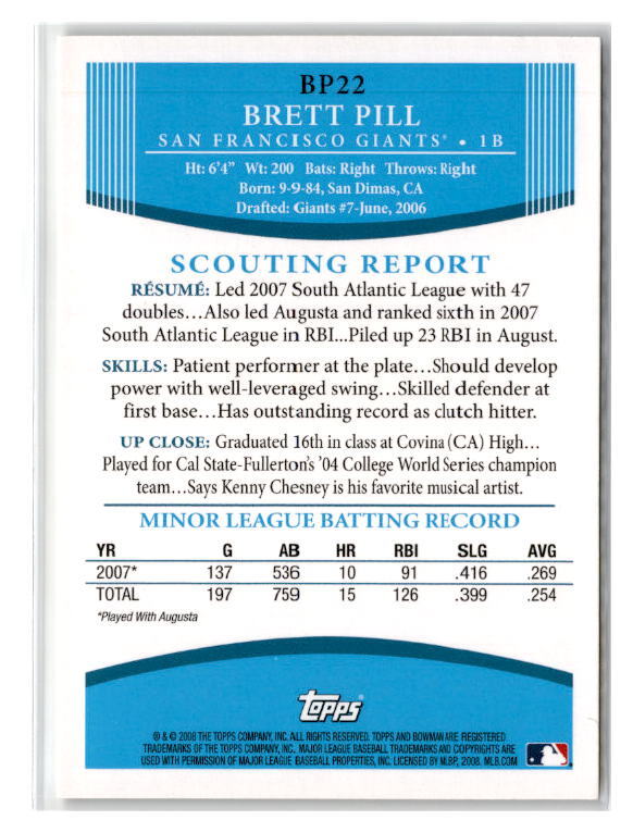 2008 Bowman #BP22 Brett Pill | eBay