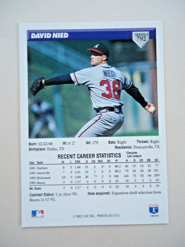 David Nied - 1993 Donruss Autographed Baseball card # 792 - Atlanta ...