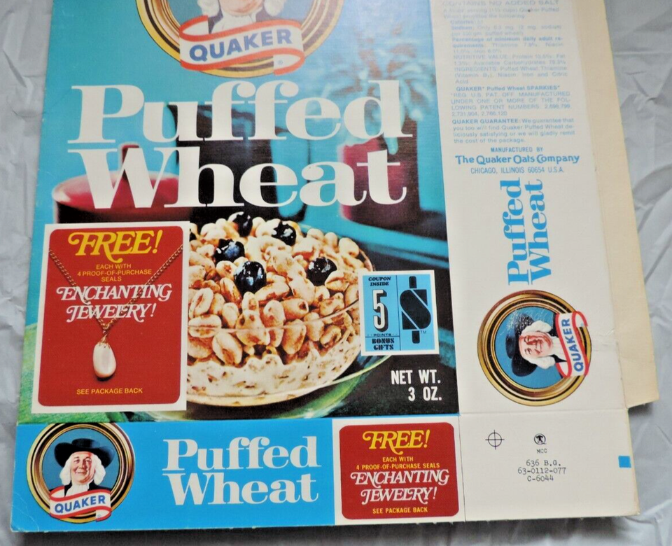 Quaker Puffed Wheat File Flat Cereal Box 3 oz Free Enchanting Jewelry ...