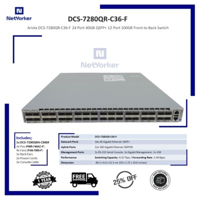 Arista DCS-7280QR-C36-F 24 Port 40GB QSFP+ 12 Port 100GB Front to Back ...