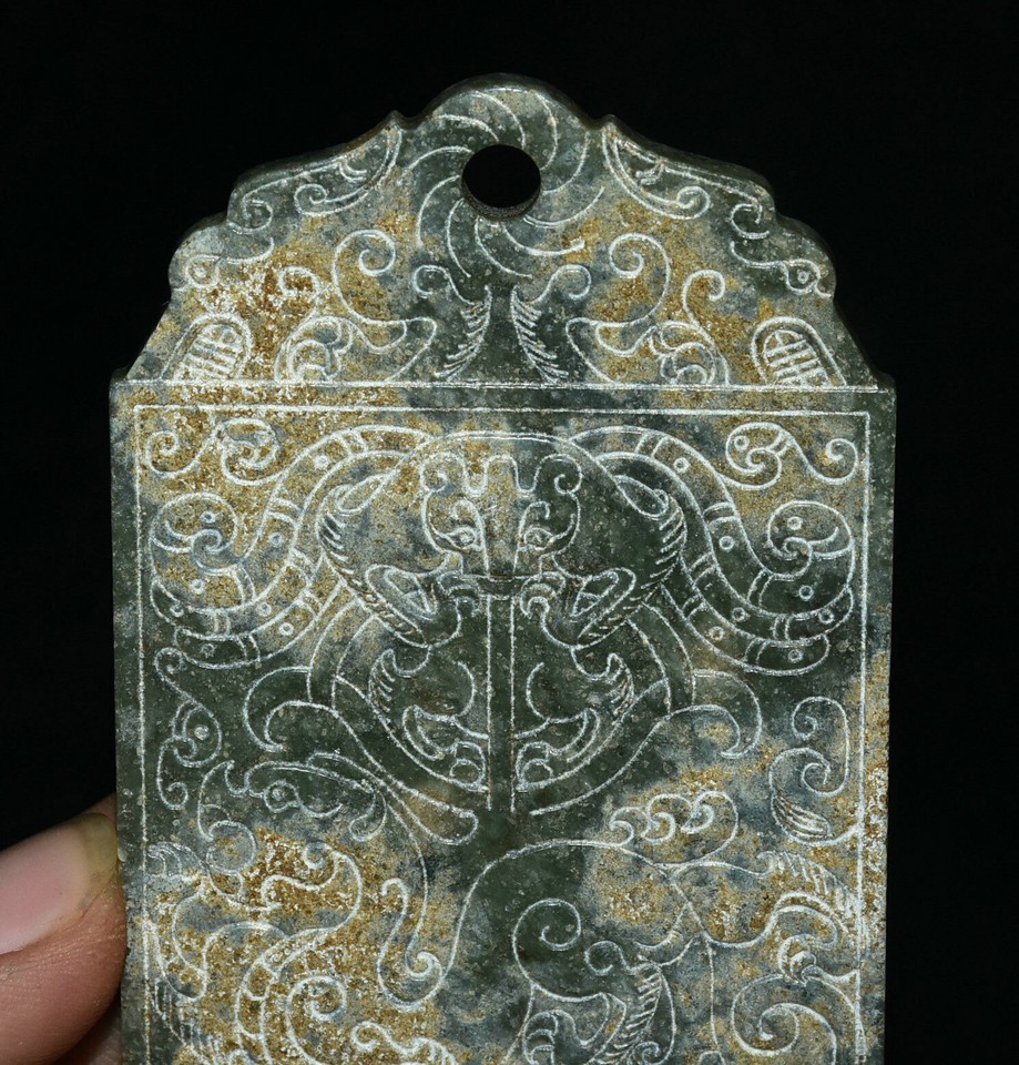 Old China Han Dynasty Natural Hetian Jade Carve Dragon God Beast YuBi ...