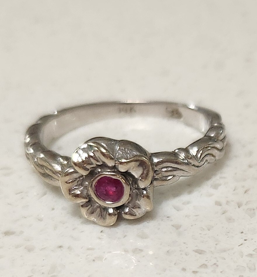 Vintage 14k White Gold Ring & Ruby Flower Ring Signed… - Gem