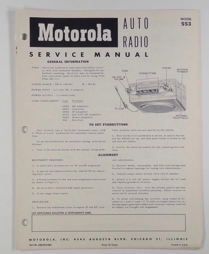 1950s MOTOROLA model 553 CAR RADIO SERVICE PHOTOFACT FOLDER install ...