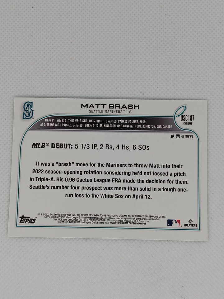 2022 Topps Chrome Update Series - Rookie Debut Matt Brash #USC187 (RC ...