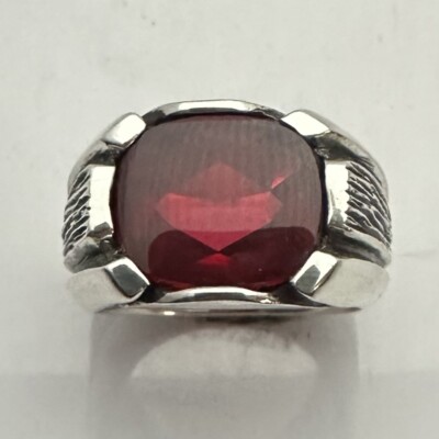 MJG STERLING SILVER MEN'S RING. 12 X 14mm ANTIQUE CUSHION LAB RUBY ...