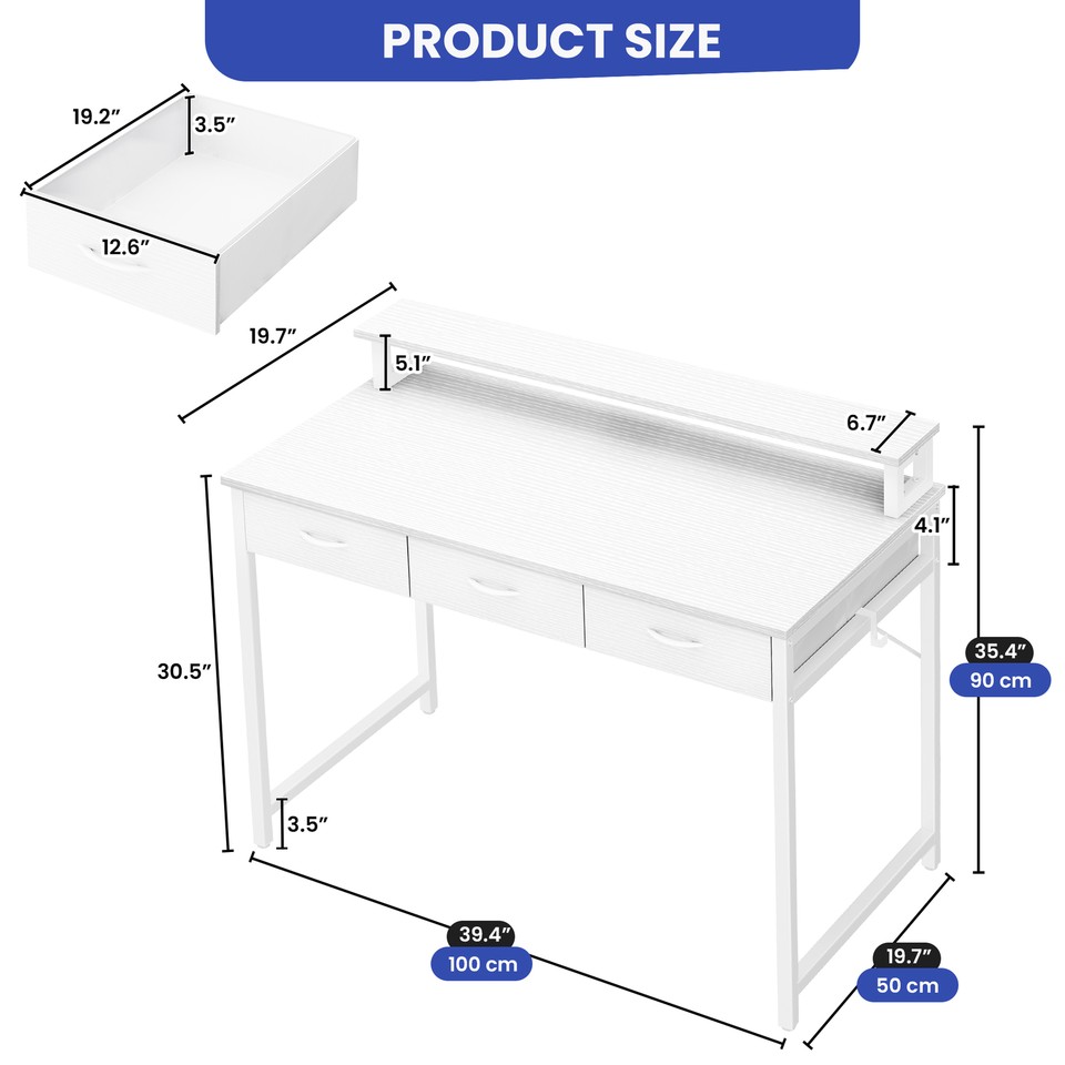 39" Computer Desk Office Study Vanity Table Monitor Stand 3 Drawers w ...