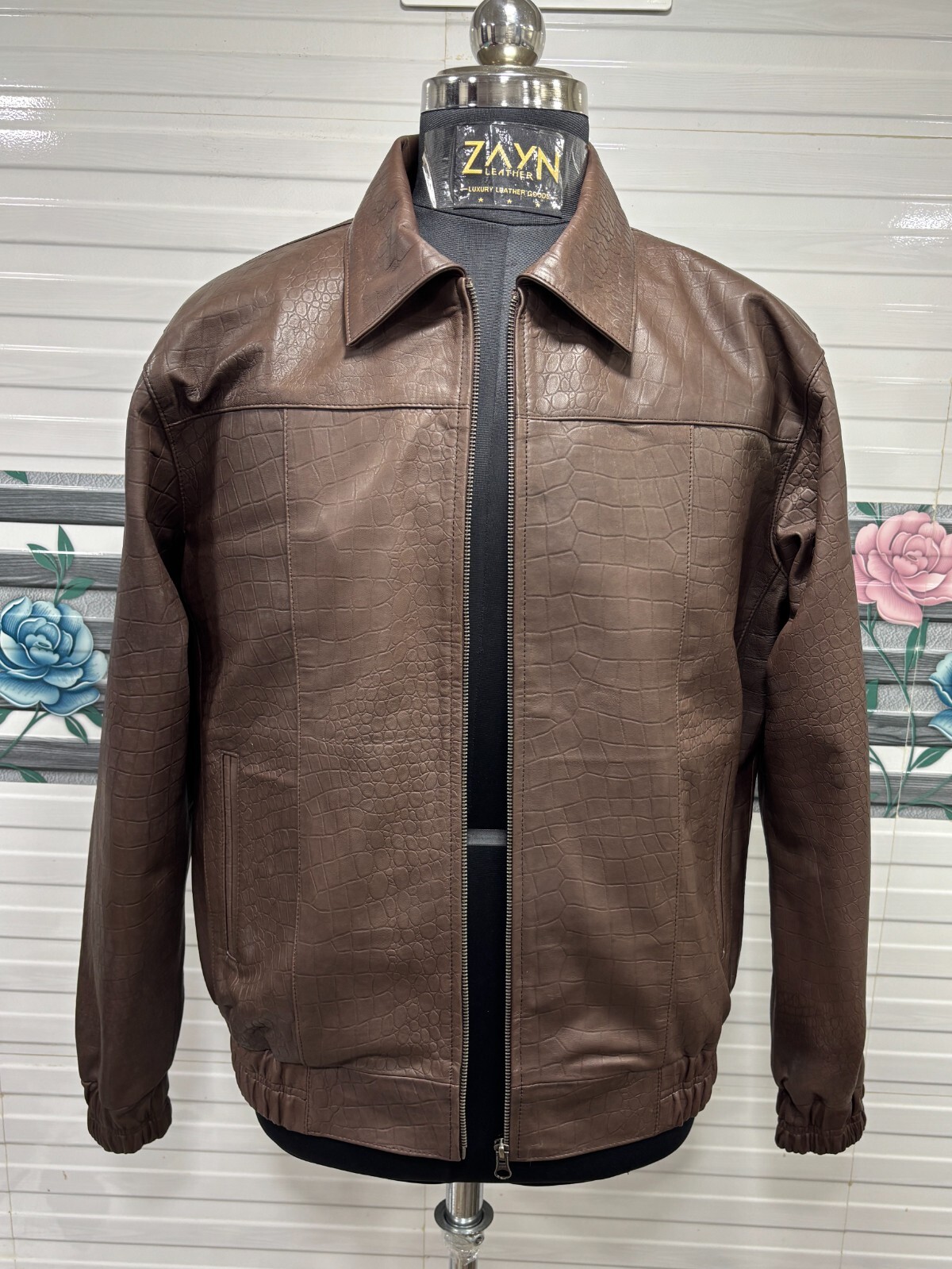 Men's Brown Real Leather Croc Embossed Jacket Bomber Biker Luxury Croco ...