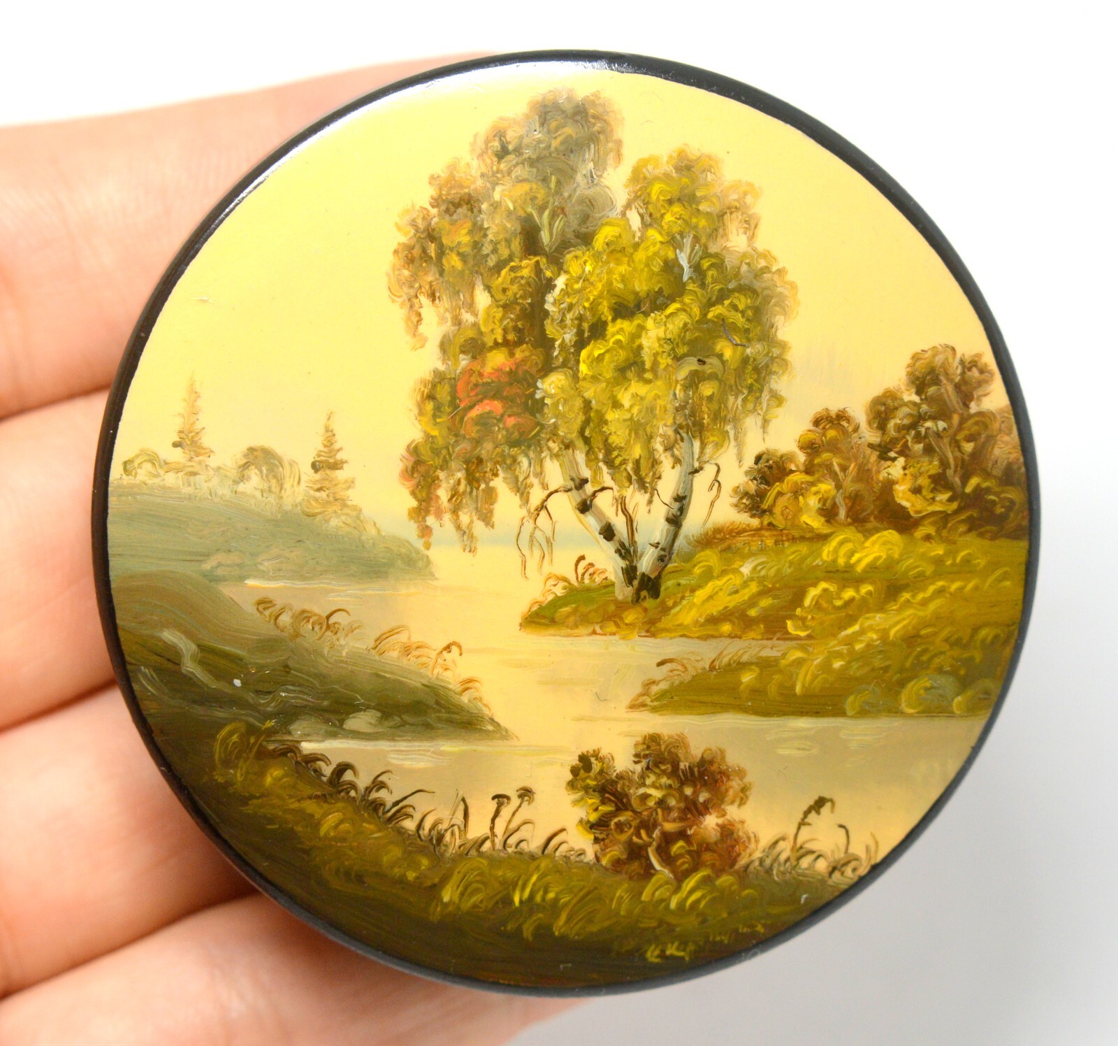 VINTAGE USSR SOVIET RUSSIA HAND-PAINTED FEDOSKINO LANDSCAPE BIRCH RIVER ...